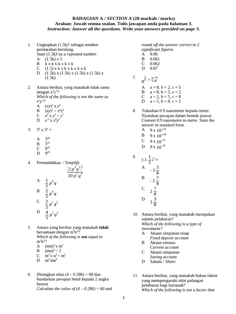 Matematik T3 PPT 2024 SOALAN | PDF
