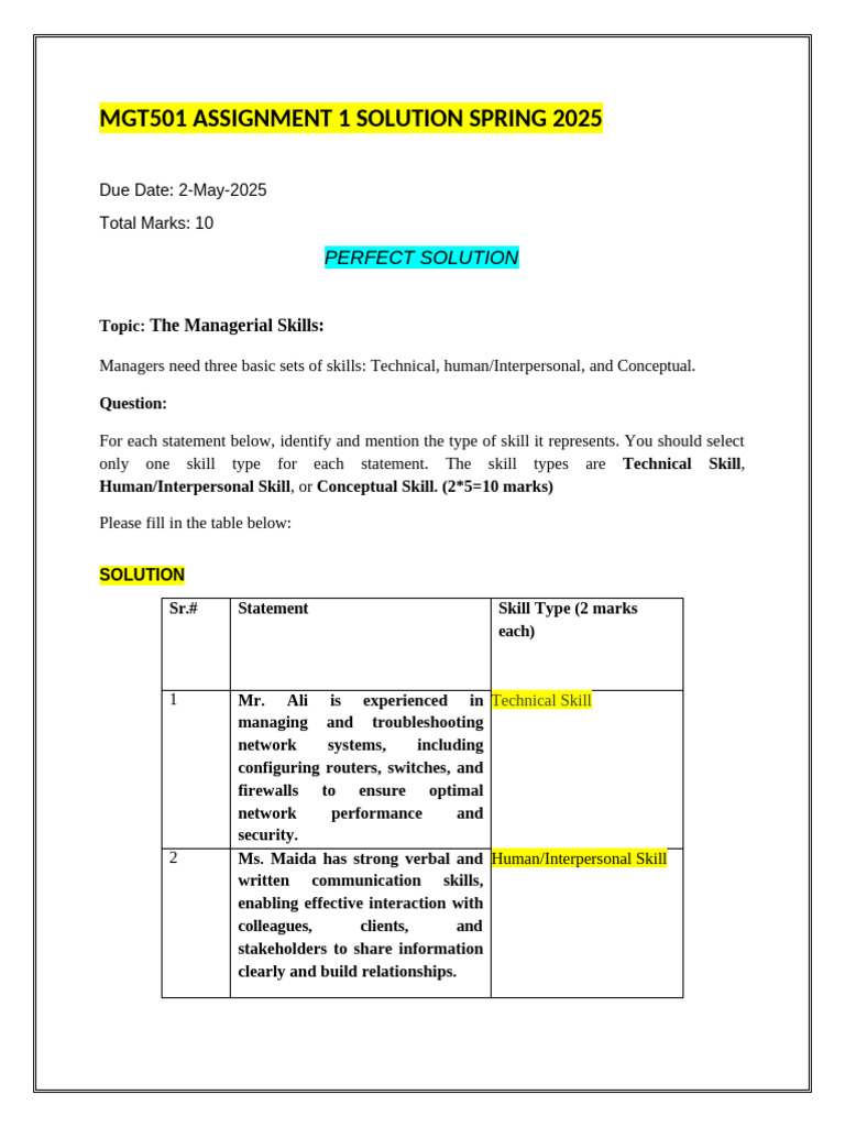 Mgt501 Assignment 1 Correct Solution Spring 2025 Pdf Interpersonal