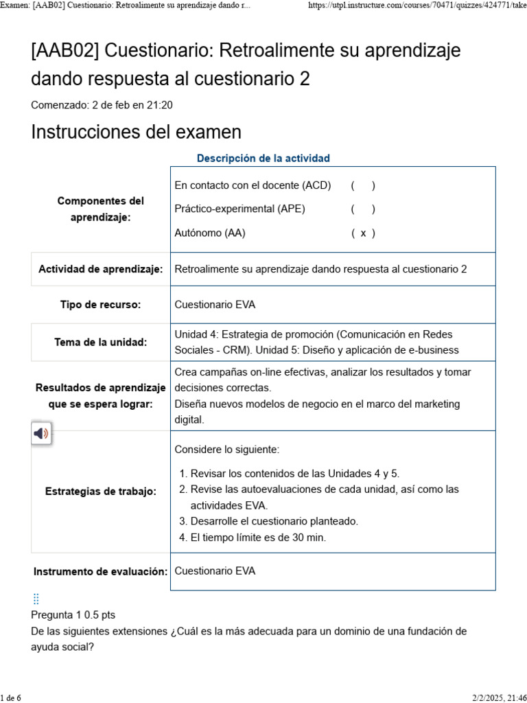 Examen - (AAB02) Cuestionario - Retroalimente Su Aprendizaje Dando Respuesta Al Cuestionario 2 ...