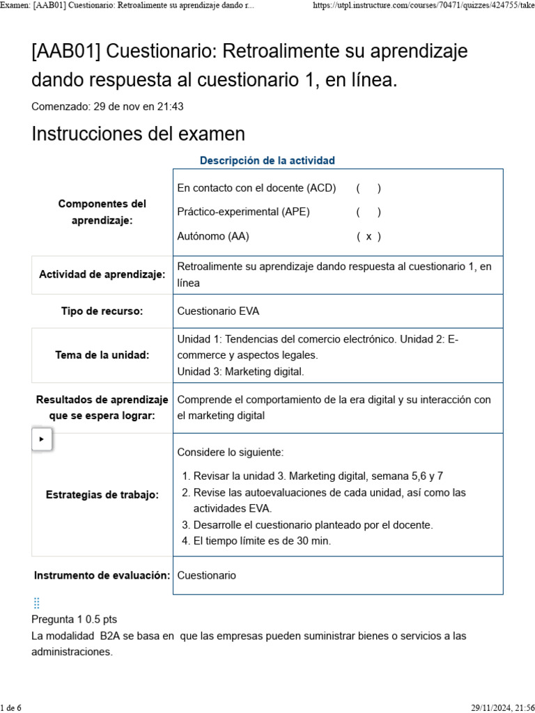 Examen - (AAB01) Cuestionario - Retroalimente Su Aprendizaje Dando Respuesta Al Cuestionario 1 ...