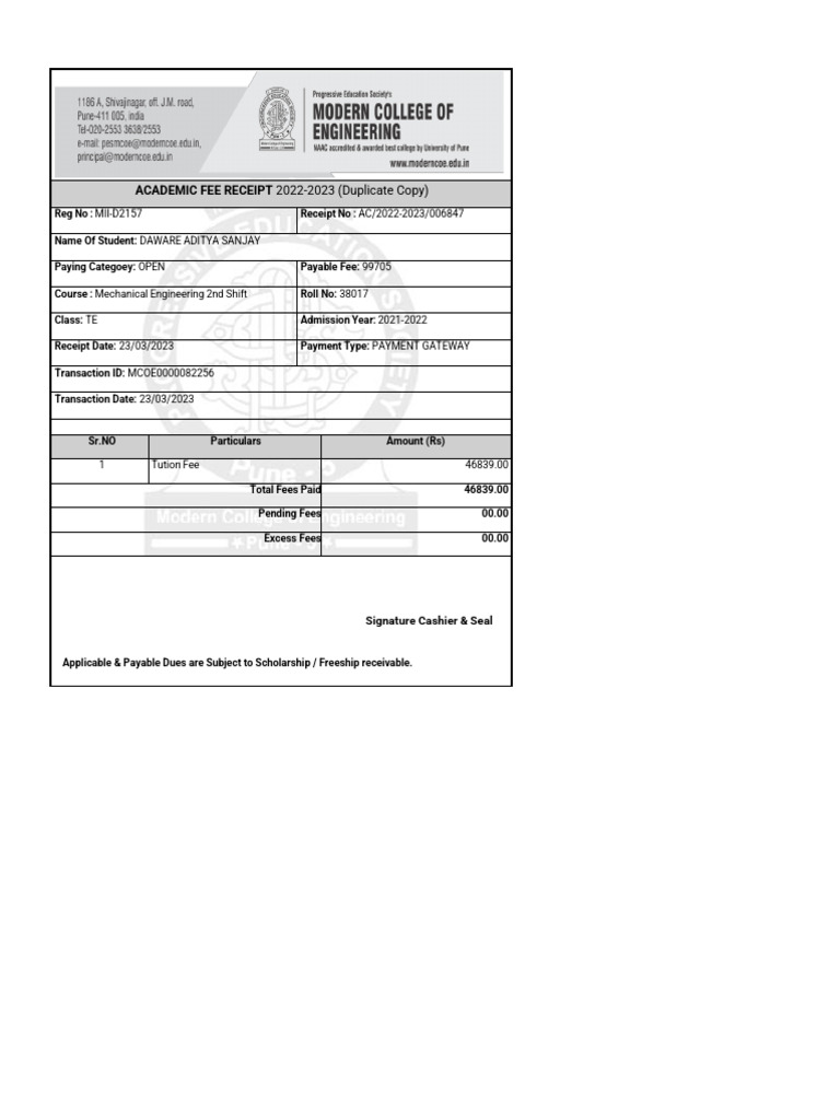 Academic Fee Receipt: 2022-2023 (Duplicate Copy) | PDF