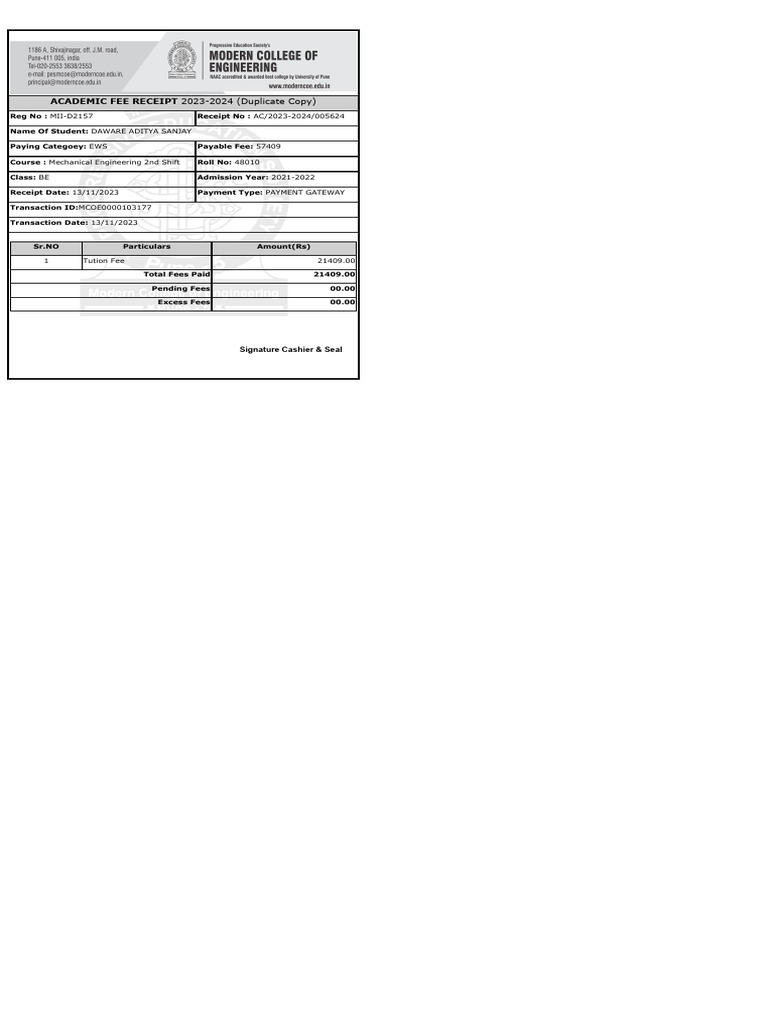 tRNREPORTpFEERECEIPT - aspxFeeID 53811&PRE 1&ReceiptNo AC2023 2024005624&type ACADEMIC | PDF