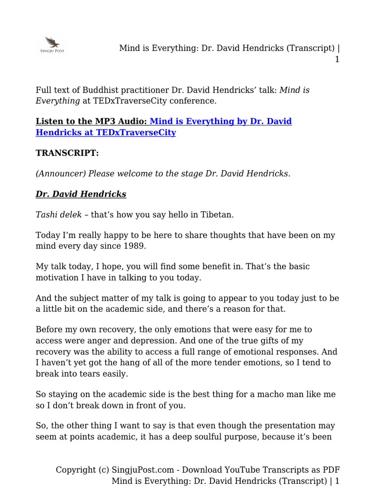 Mind Is Everything - Dr. David Hendricks Transcript 1 | PDF | Mind | Brain