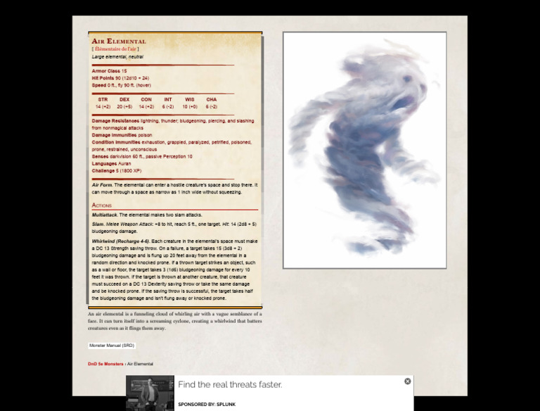 Air Elemental Monster Stat Block - DND 5e | PDF