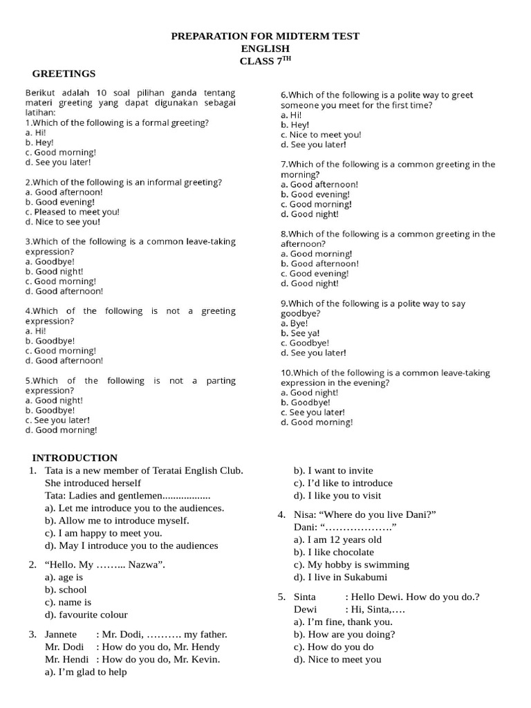 Midterm Test Prep: English for 7th Grade | PDF | Meal