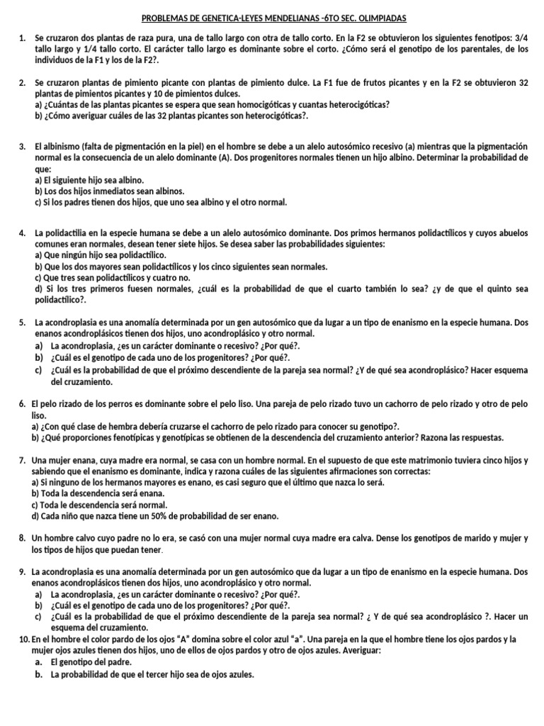 Problemas de Genética y Leyes Mendelianas | PDF | Dominancia (Genética ...