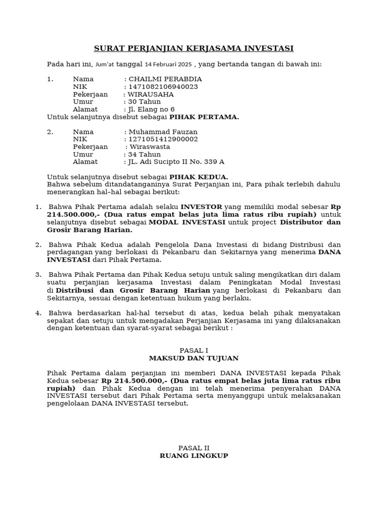 Surat Perjanjian Kerjasama Investasi | PDF