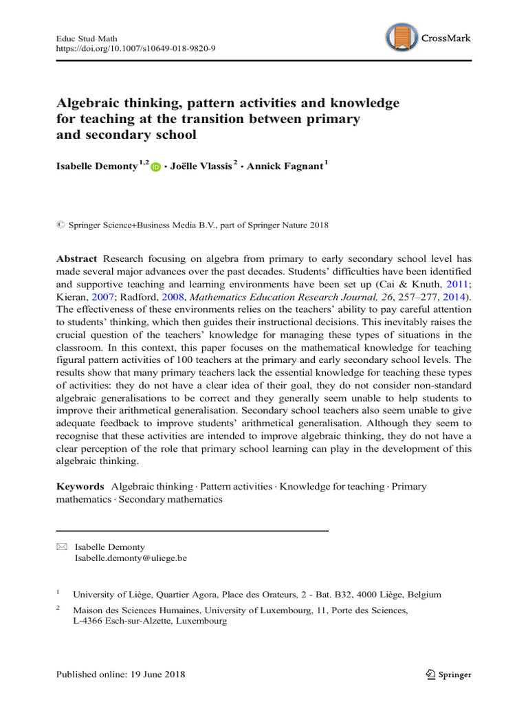 Algebraic Thinking, Pattern Activities and Knowledge For Teaching at ...