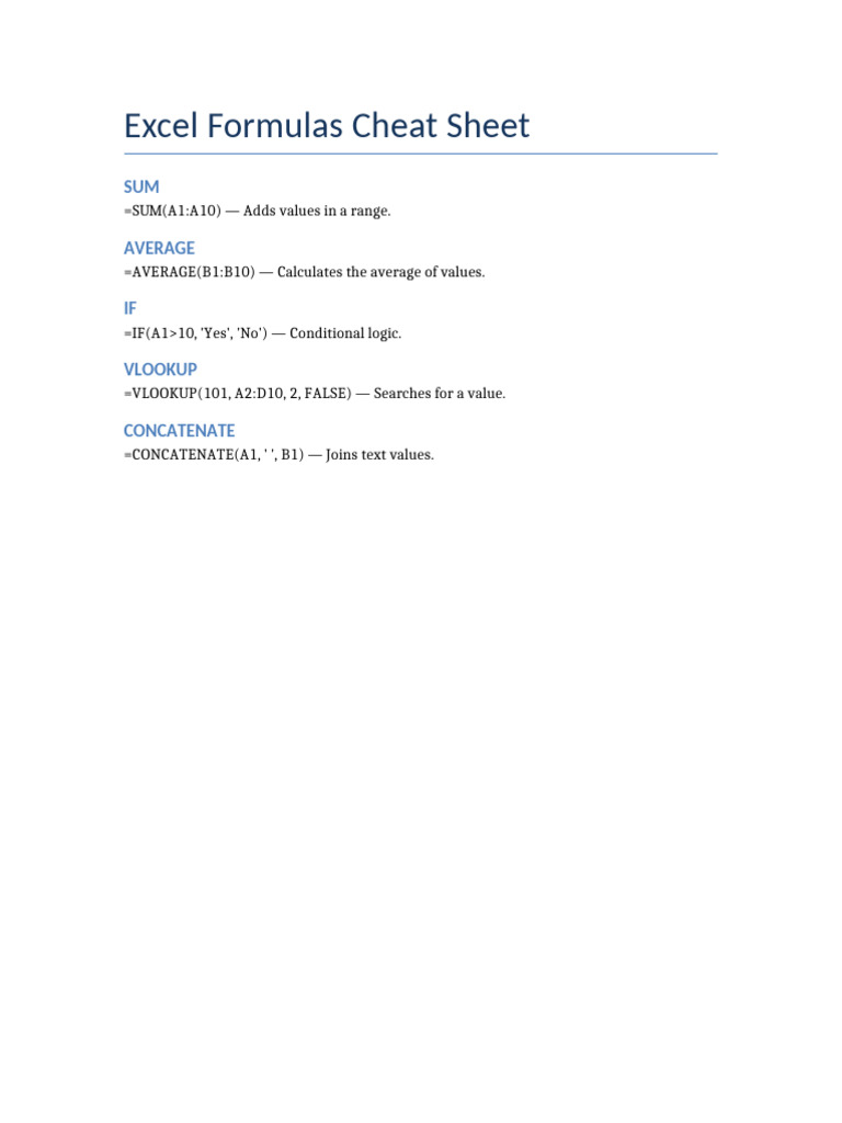 Excel Formulas Cheat Sheet | PDF