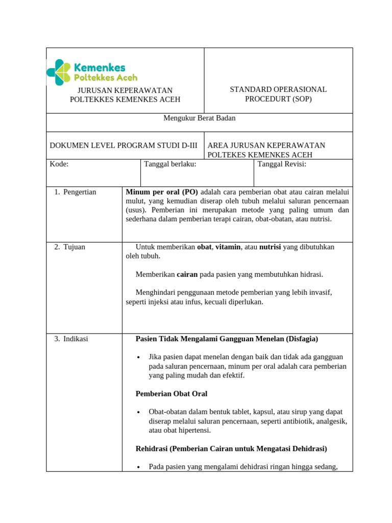 Sop Pemberian Minum Per Oral | PDF
