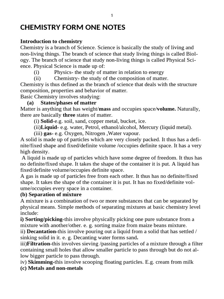 Chemistry Notes Form 1 4 Booklet g (1) | PDF | Filtration | Distillation