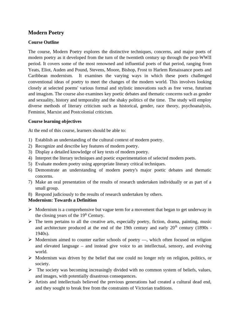 Modern Poety Handout | PDF | Poetry | T. S. Eliot