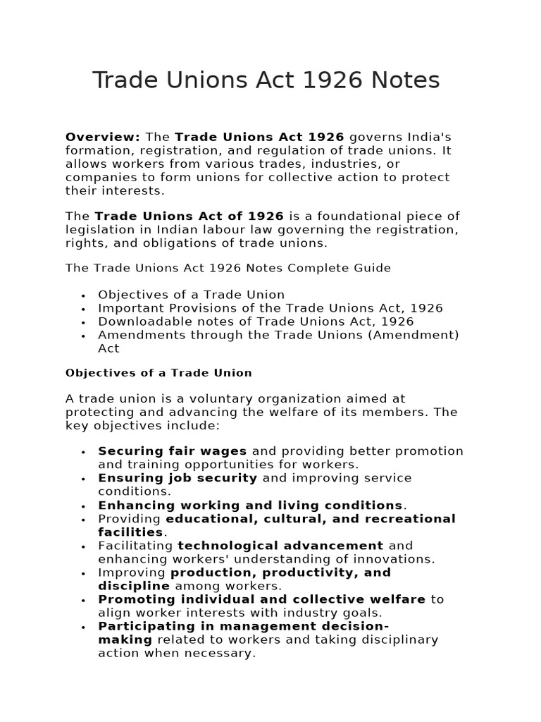 Trade Unions Act 1926 Notes | PDF | Trade Union | Employment