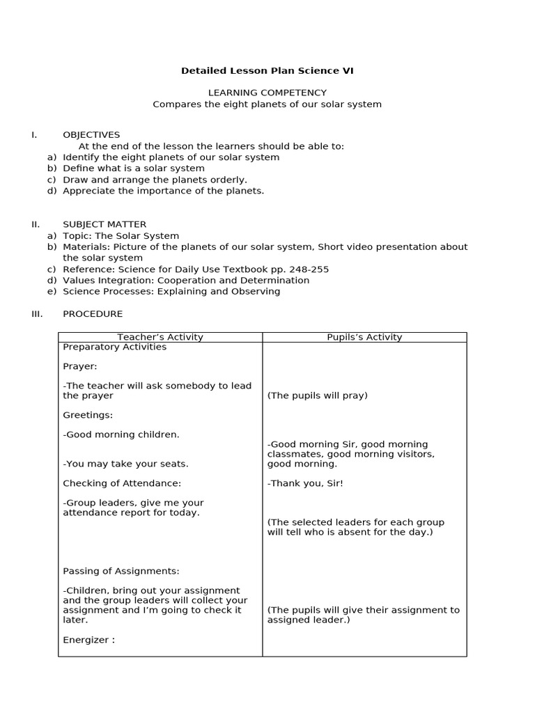 Detailed Lesson Plan in Solar System 2 Autosaved | PDF | Solar System | Planets