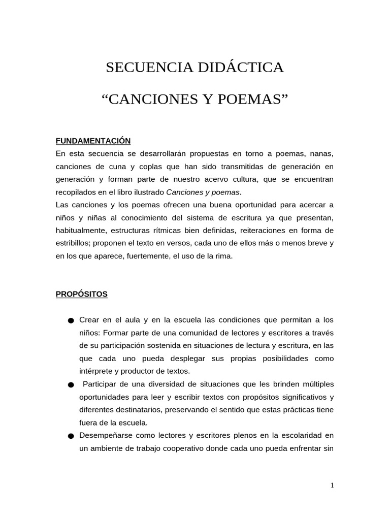 SECUENCIA DIDÁCTICA Nº1 Poemas y Canciones | PDF | Canciones | Escritura