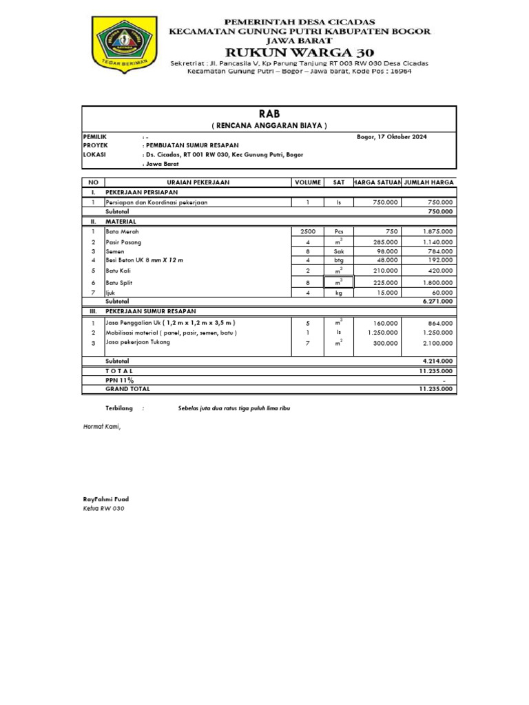 Rab Sumur Resapan RT 01 RW 30 | PDF