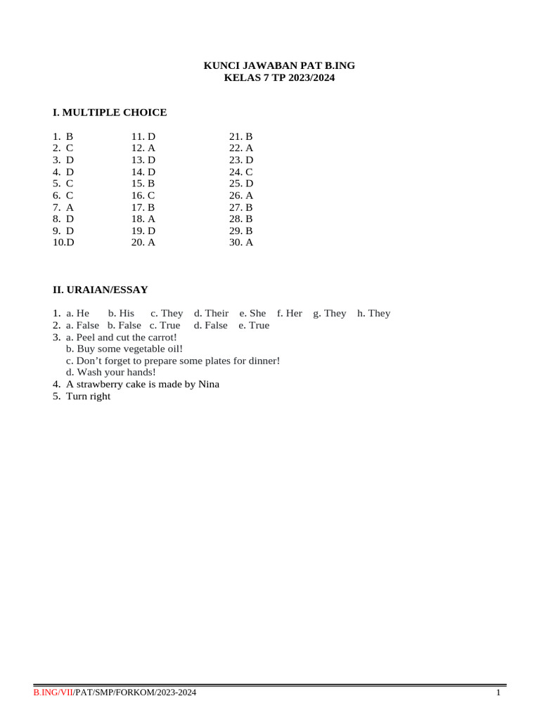Kj-B. Inggris Kelas 7 Ukk Forkom 2023-2024 | PDF