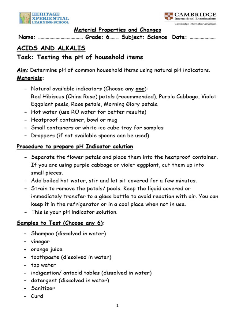 Grade 6 - CFU - Indicators - Acids Alkalis - 2022 | PDF | Ph