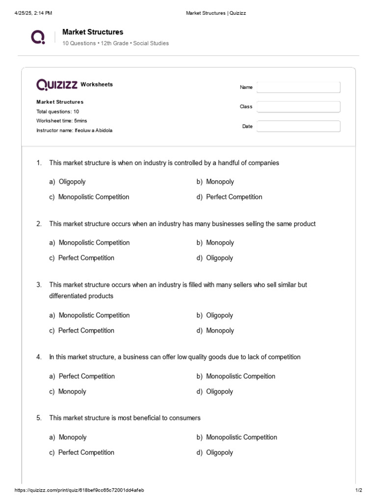 Market Structures - Quizizz | PDF | Monopoly | Oligopoly