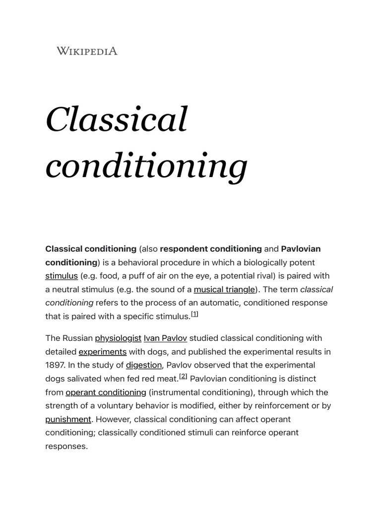 Classical Conditioning - Wikipedia | PDF | Classical Conditioning | Psychological Concepts