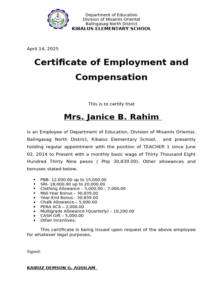 421051626 Certificate of Employment WITH COMPENSATION | PDF