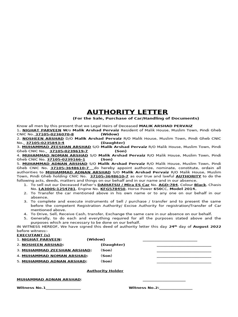 Malik Property Car Authority Letter | PDF | Private Law | Common Law