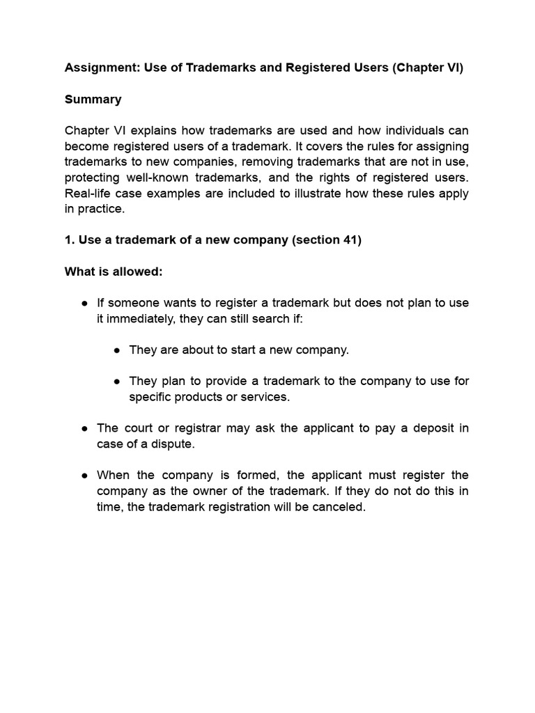 Assignment - Use of Trademarks and Registered Users (Chapter VI) | PDF | Trademark | Private Law