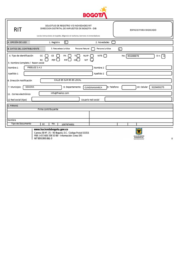 Formulario Inscripción Rit Freeloz | PDF | Contribuyente
