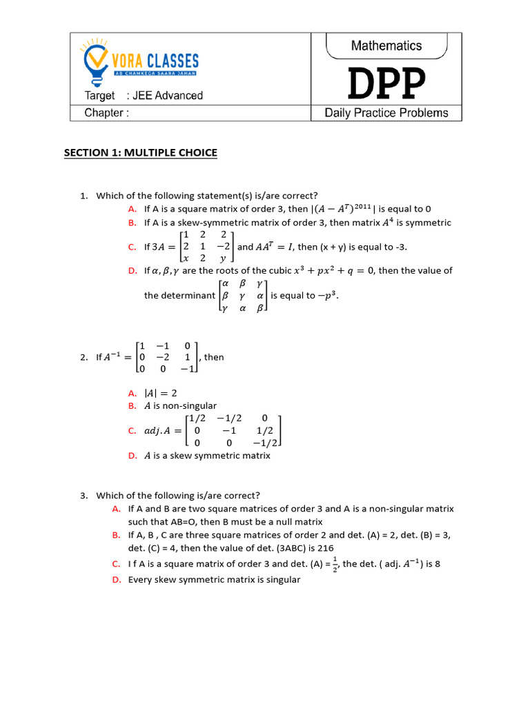 Matrices and Determinants Adv DPP | PDF | Matrix (Mathematics) | Mathematical Physics