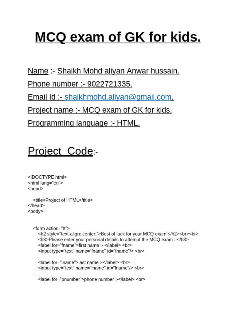 Shaikh Aliyan Project of MCQ Exam of GK For Kids | PDF