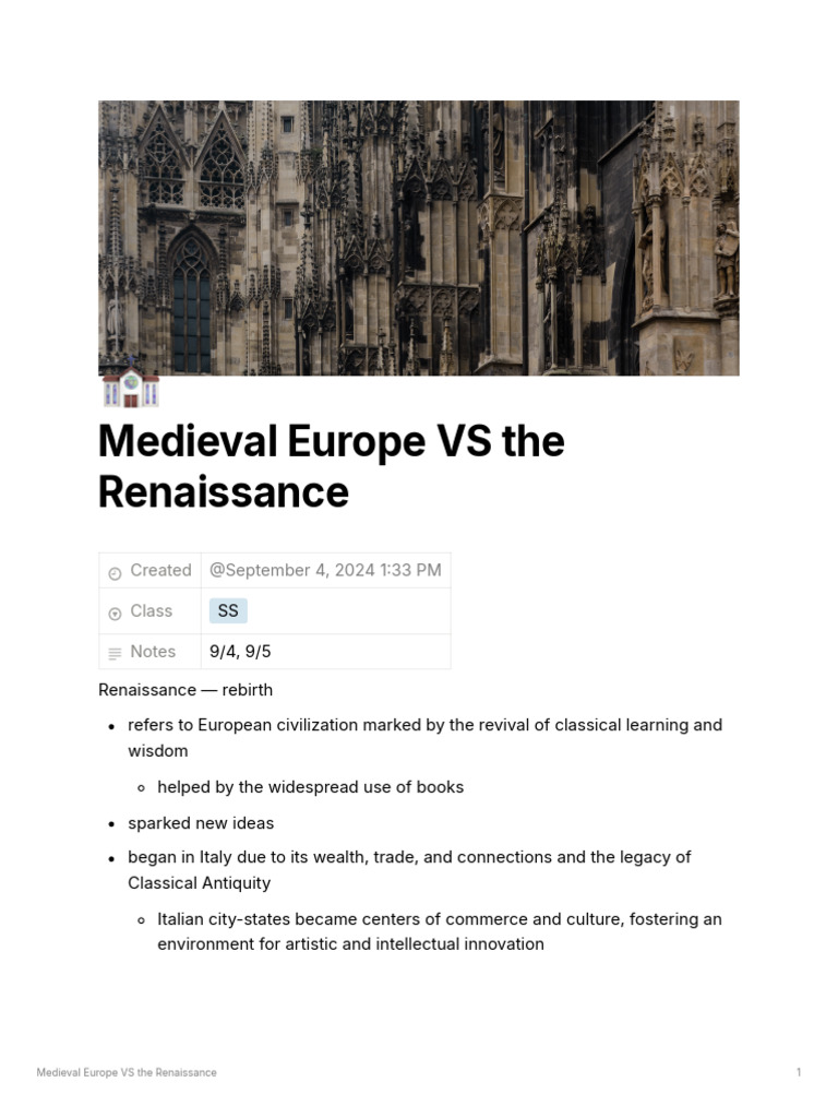 1.1 Medieval Europe Vs The Renaissance | PDF | Renaissance | Humanism