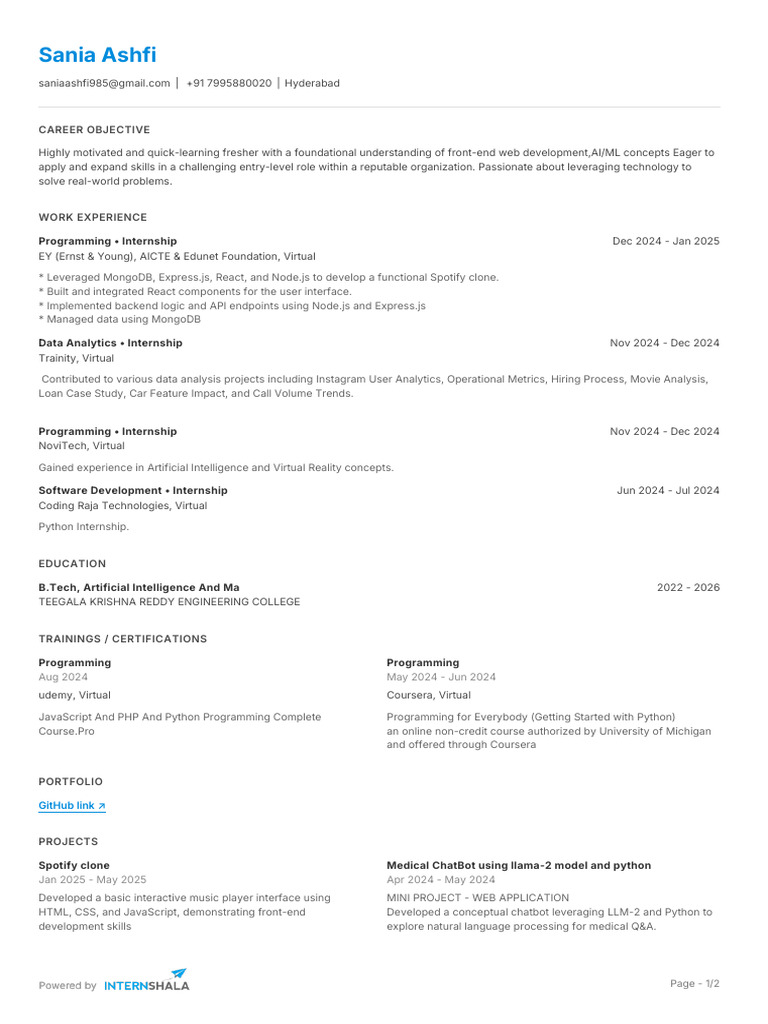 SaniaAshfi InternshalaResume | PDF | Java Script | Python (Programming Language)