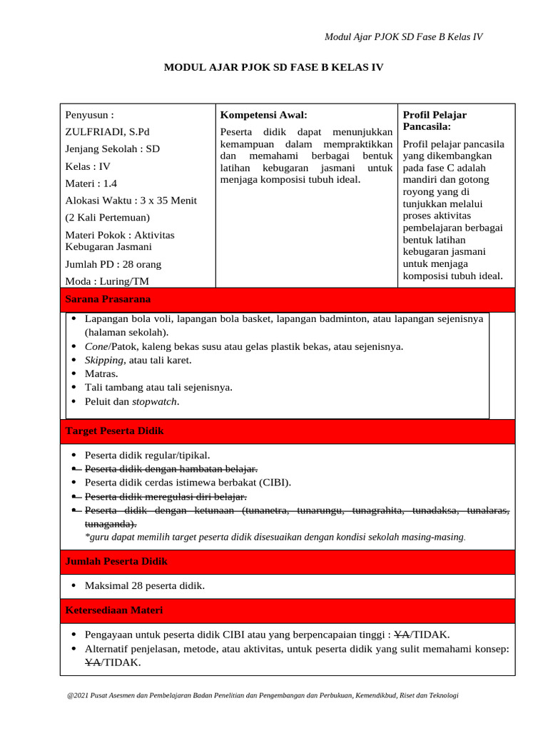 06.MODUL AJAR PJOK - SD - Aktivitas Kebugaran Jasmani - Fase B - Kelas 4 | PDF