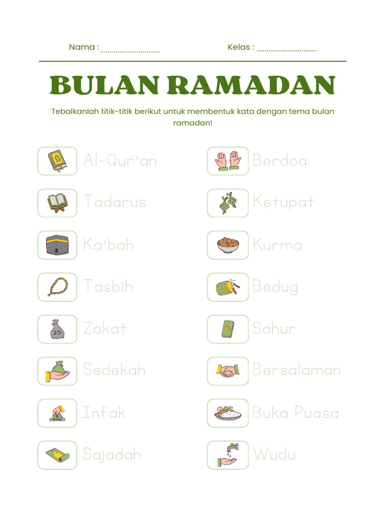 Menulis Kata Bulan Ramadan Lembar Kerja Bahasa Indonesia Tema Agama ...