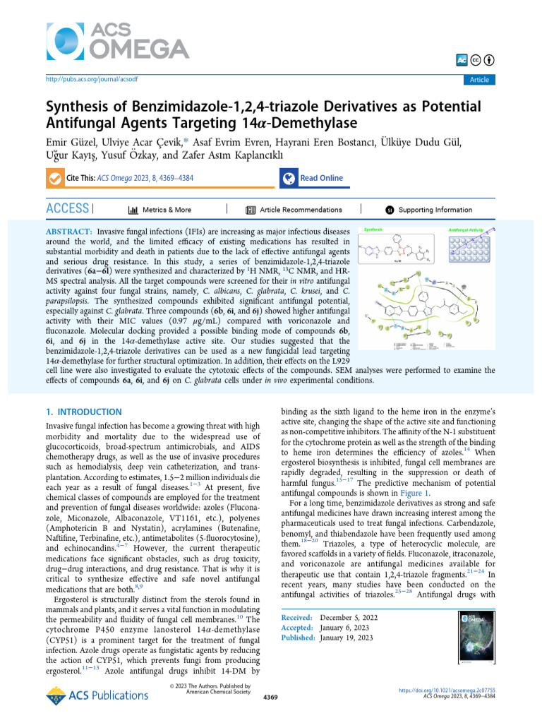 güzel et al 2023 synthesis of benzimidazole 1 2 4 triazole derivatives as potential antifungal ...