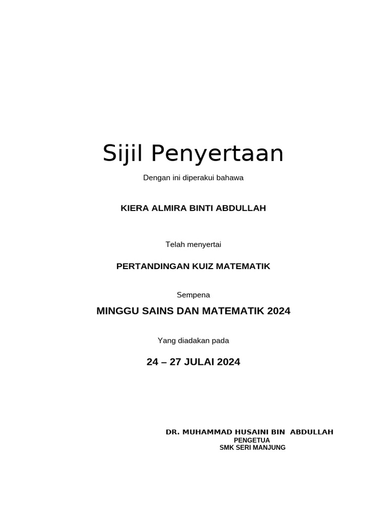 Sijil Penyertaan: Minggu Sains Dan Matematik 2024 | PDF