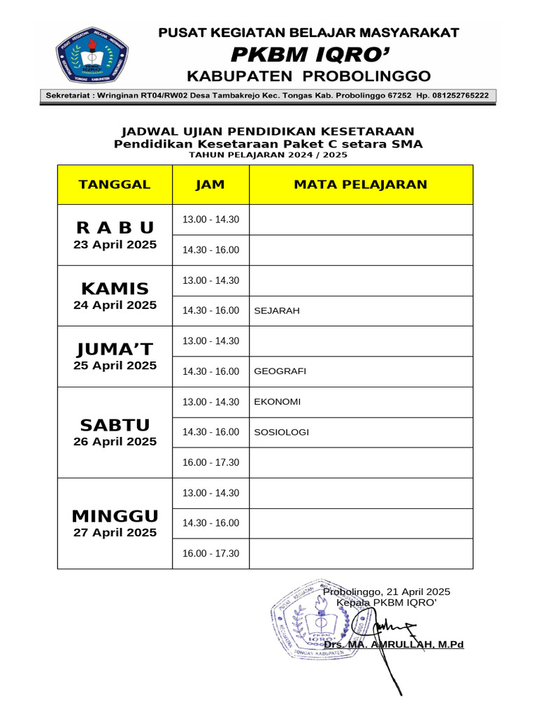 Jadwal & Pengawas Upk PB | PDF