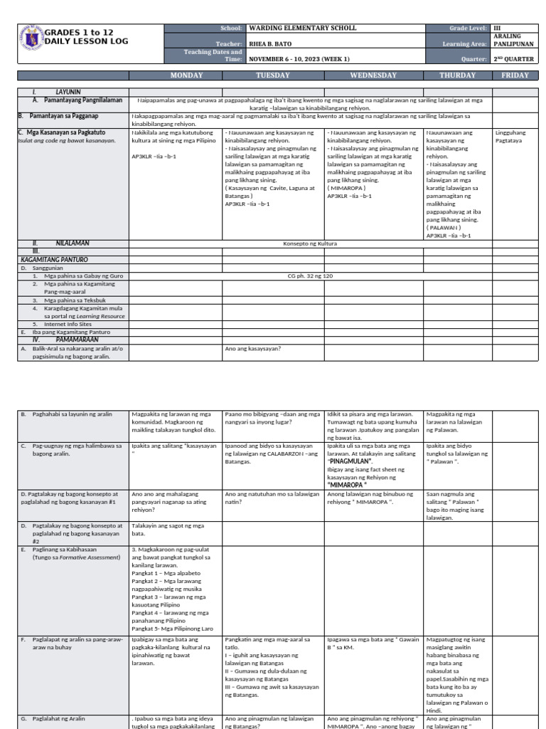 DLL - Araling Panlipunan 3 - Q2 - W1 | PDF