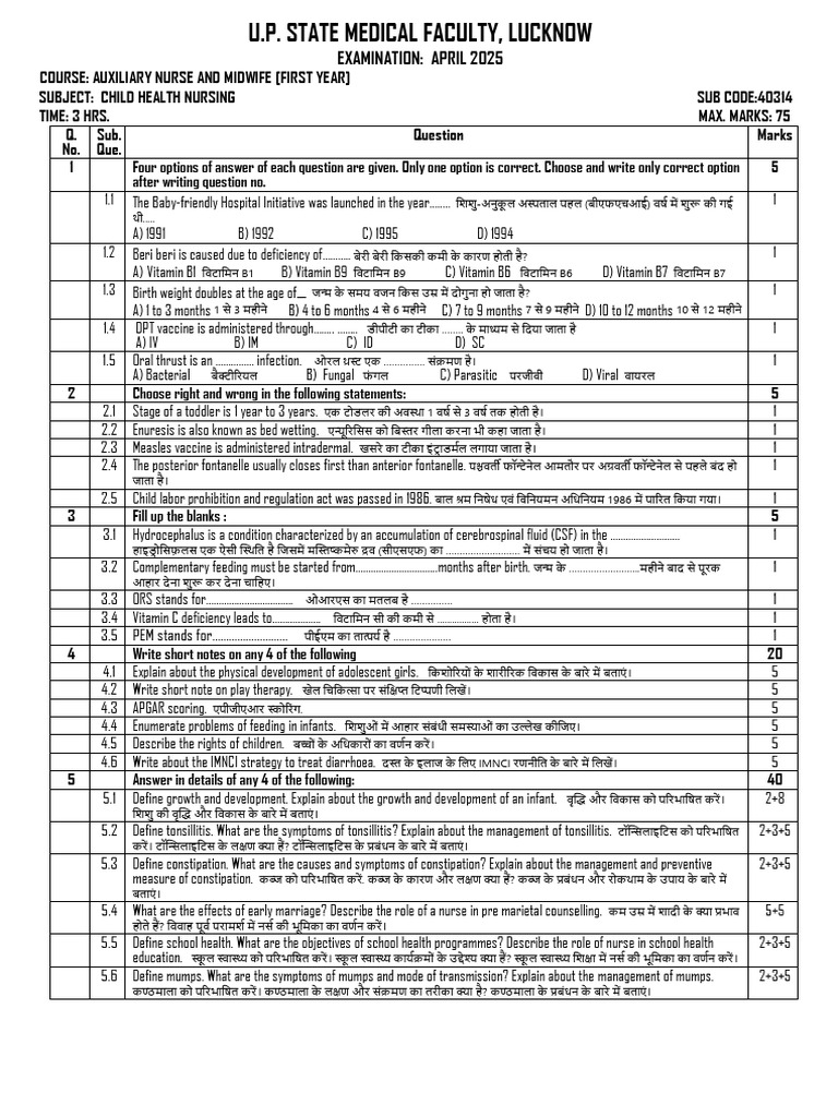 Child Health Nursing ANM 1 UPSMF Question Paper For April 2025 ...