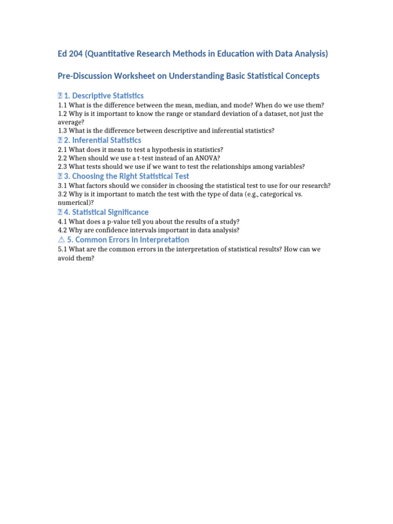 Pre Discussion Worksheet On Understanding Basic Statistical Concepts | PDF