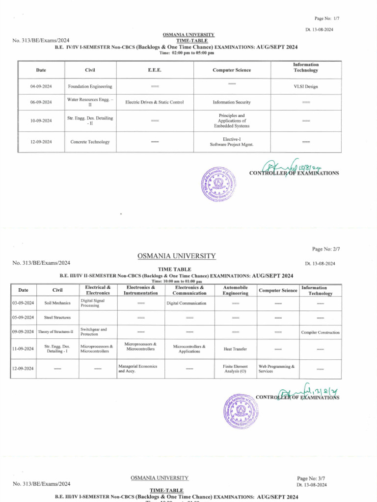 OU B.E (Non-CBCS) Time Tables Aug Sept 2024 | PDF