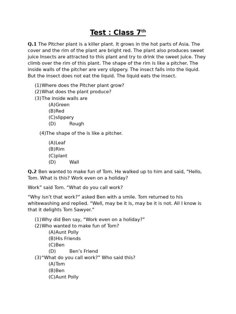 Class 7th English Test Paper | PDF