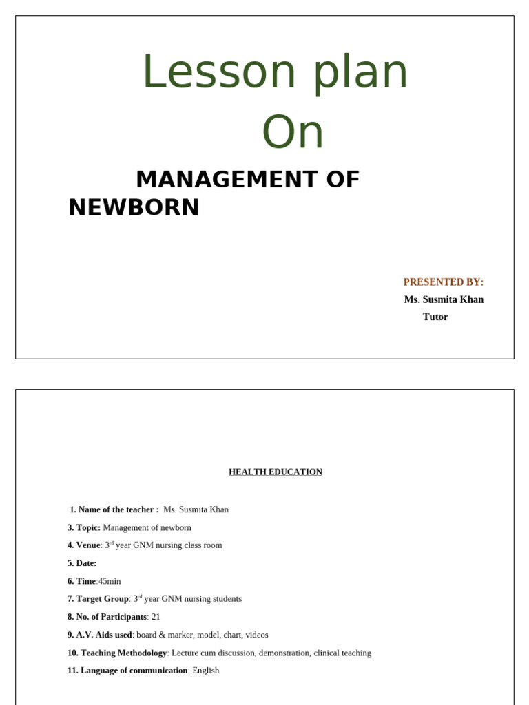 Lesson - Plan - On - Management of Newborn (Unit-6) | PDF | Blood ...