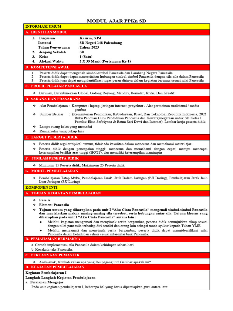 Modul Ajar PPKN BAB 1 KELAS 1 | PDF