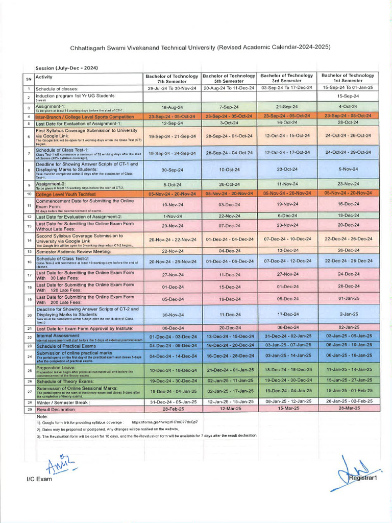 Academic Calendar (July-Dec 2024) | PDF