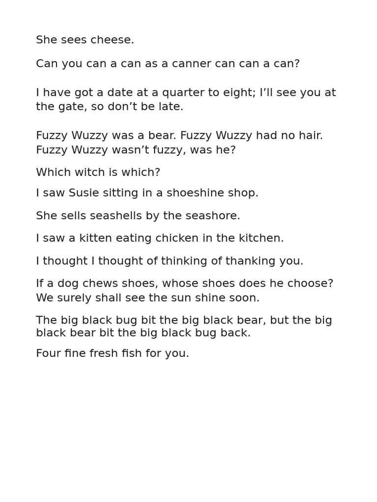 Tongue Twisters | PDF