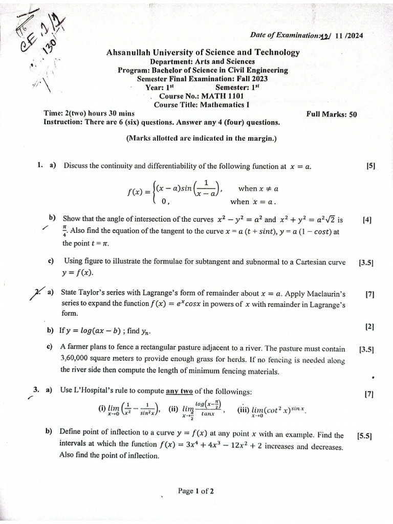 Math (Semester-1.1) Questions | PDF