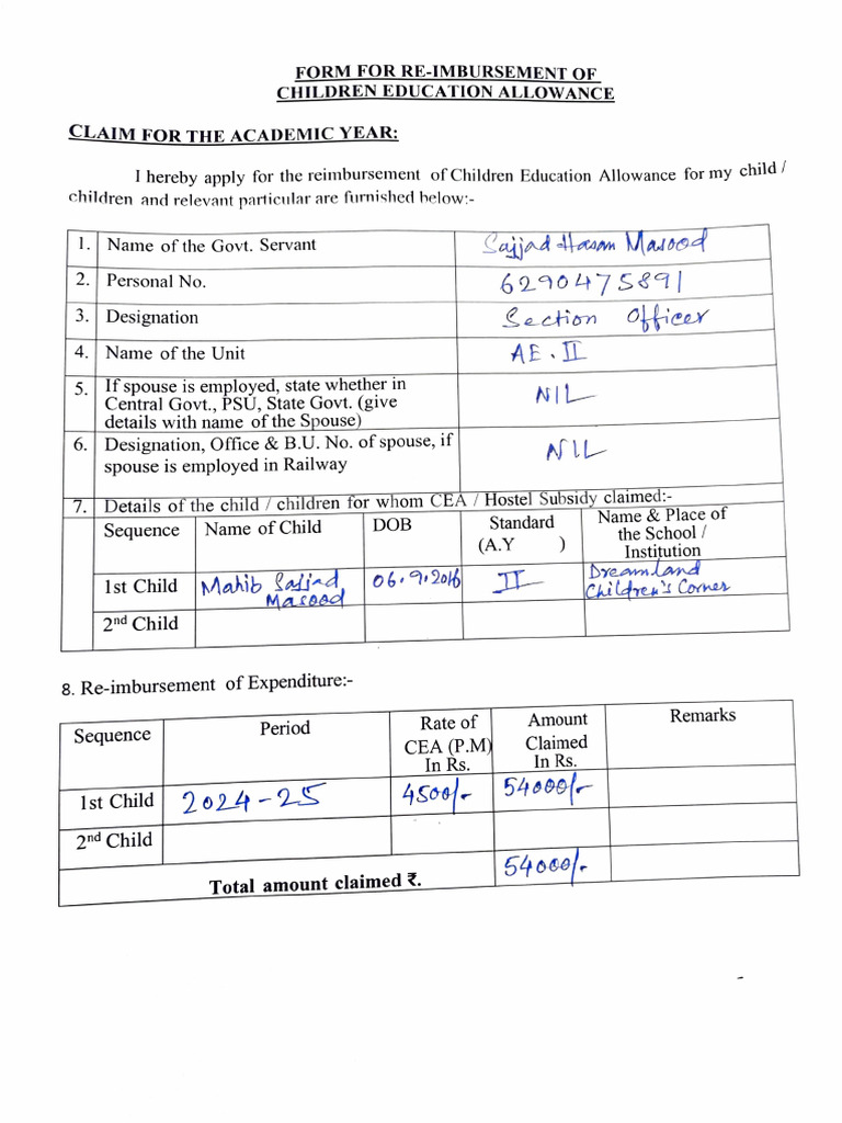 Children Education Allowance Reimbursement Form | PDF | Social Policy