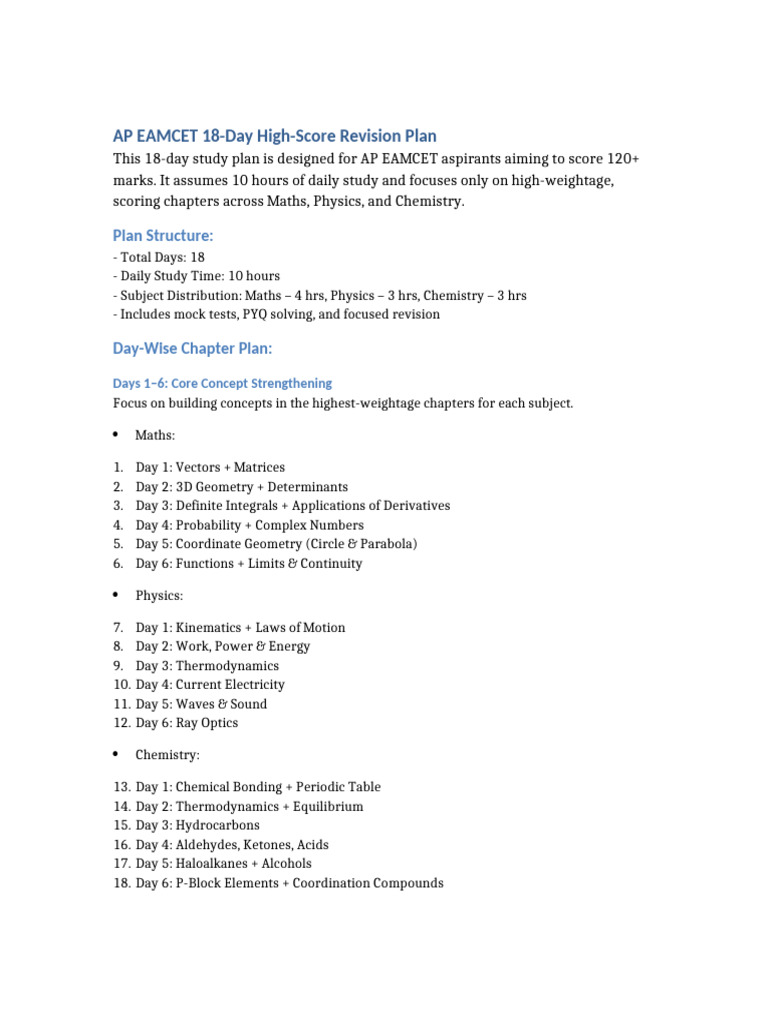 AP EAMCET 18 Day Revision Plan | PDF