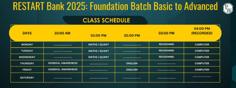 Class Schedule - RESTART Bank 2025 - Foundation Batch Basic To Advanced | PDF
